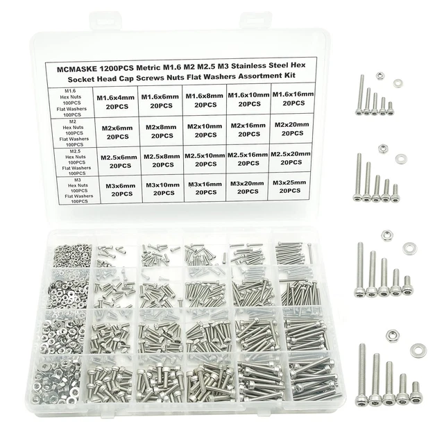 1200PCS M1.6 M2 M2.5 M3 Stainless Steel Hex Socket Head Cap Screws Nuts Flat ... £35.10 ...