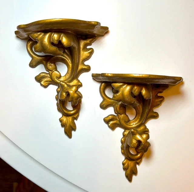PAIR OF SMALL 5” Antique Victorian Italian Bracket Wall Shelves Gold ...