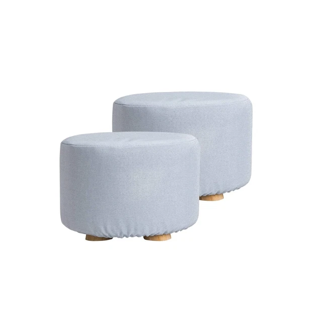 LA BELLA 2X Round Ottoman Foot Stool Light Blue Fabric Wooden Legs ...