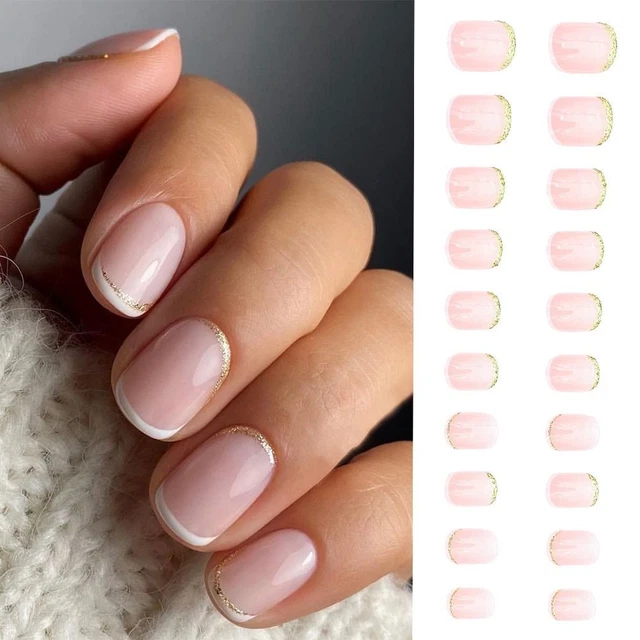 FAKE NIALS DIY Short Square Pink Glitter Gold Edge French False Nails ...