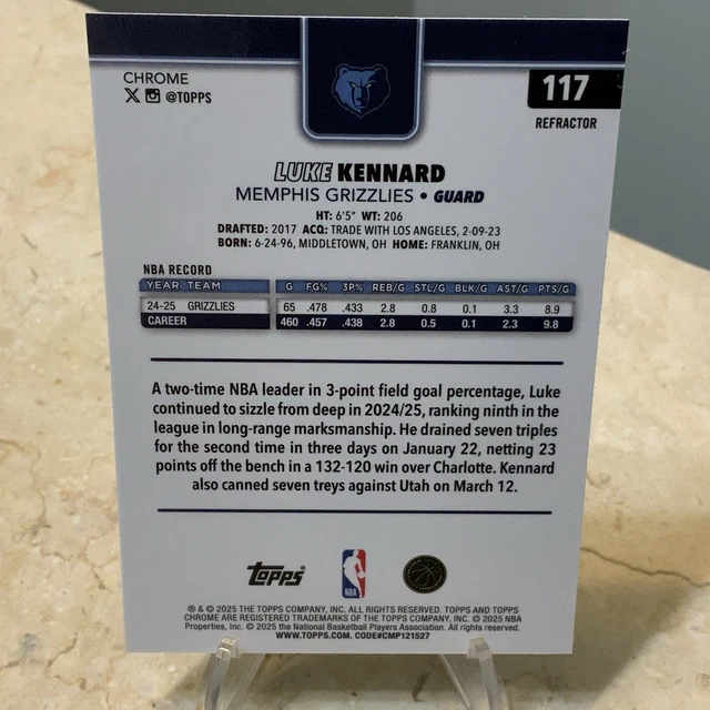 2025-26 TOPPS CHROME Basketball - Luke Kennard #117 Refractor Memphis ...