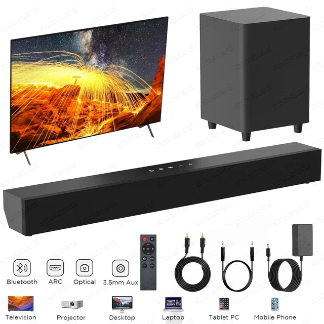 60W SOUNDBAR WITH subwoofer TV Speaker Home Theater Audio Surround ...