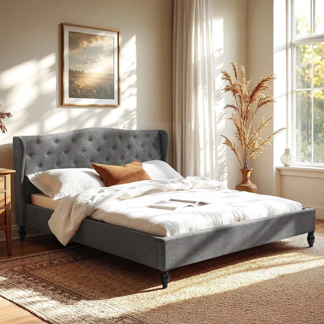 ARTISS KING BED Frame with Wingback Headboard Grey Linen Upholstered ...