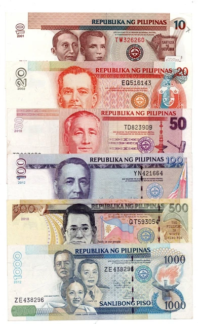 LOT OF SIX 2001-12 PHILIPPINES 10-1000 PISO NOTES - p182-197 VF/XF $19. ...