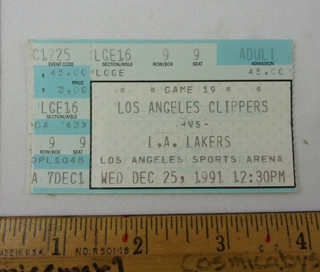 LOS ANGELES LAKERS vs Clippers 25/12/1991 billet de match Noël J Worthy ...