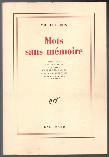 MICHEL LEIRIS MOTS sans mémoire NRF Gallimard 1997 EUR 5,00 - PicClick FR