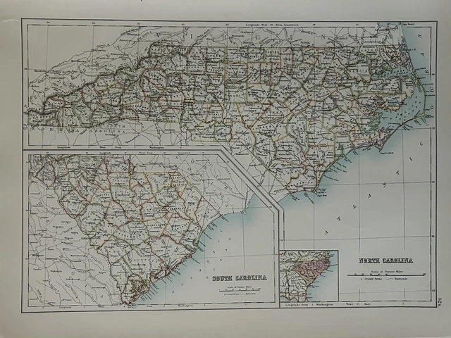 1897 NORTH & South Carolina Original Antique Map by A & C Black £19.99 ...