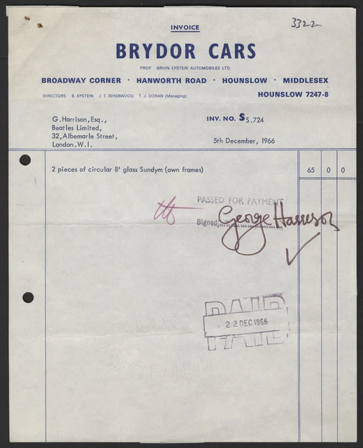 GEORGE HARRISON / THE BEATLES - Signed Invoice - Musician 1966 ...