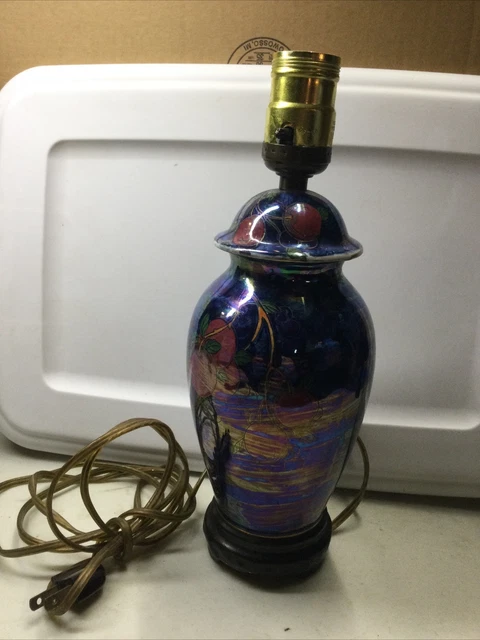 VINTAGE MALING CORONET Blue Porcelain Table Lamp Apple Lusterware Decor ...