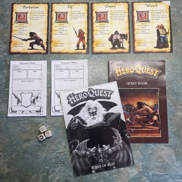 1989 HEROQUEST BOOK, Rules of Play, Character Sheets and Cards, Dice £ ...