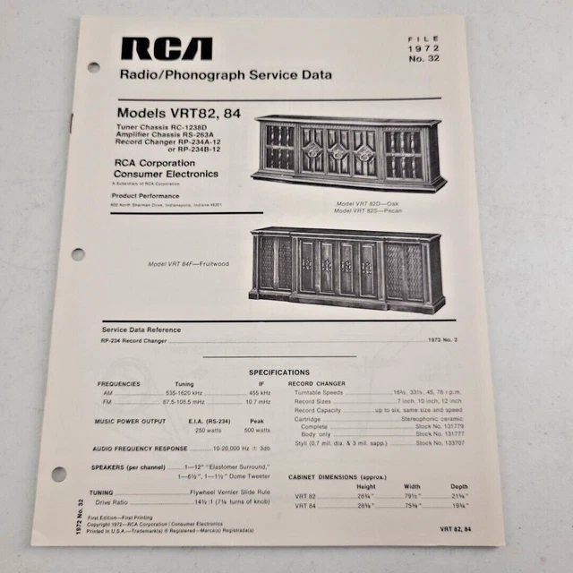 VINTAGE RCA RADIO Phonograph Service Data Model VRT 82 84 1972 No 32 ...