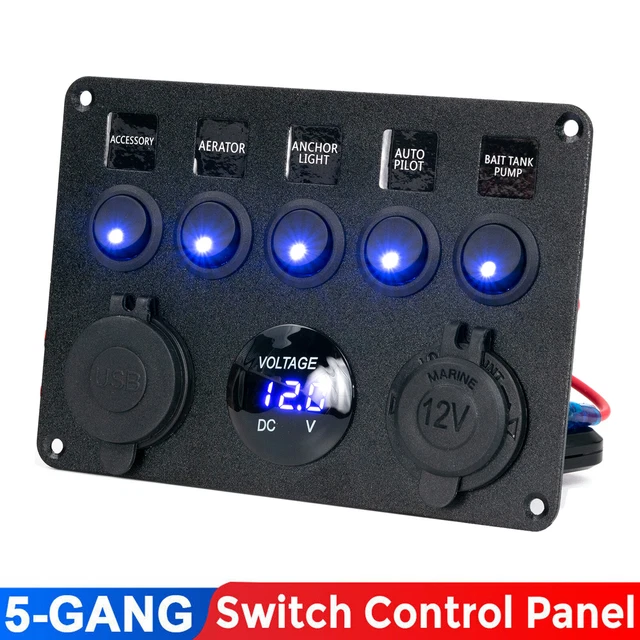 5 GANG SWITCH Panel 12V USB ON-OFF Toggle Blue LED Rocker Car Boat ...