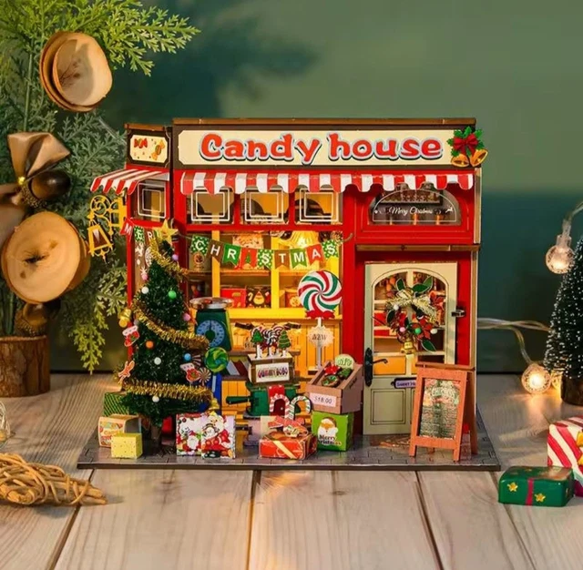 DIY MINIATURE DOLLHOUSE Kit "Candy House" Christmas Sweet Shop LED 3D ...