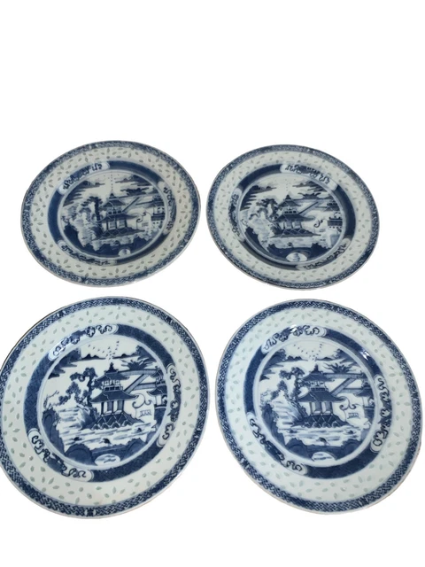 SET OF 4 Antique Chinese Rice-Grain Pagoda Porcelain Plates Blue ...