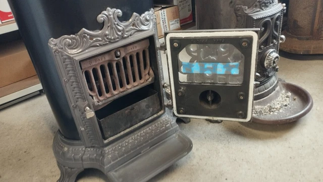 POÊLE À BOIS Godin ovale 3727 Emaillé Gris sortie 125mm 6,5Kw restauré ...