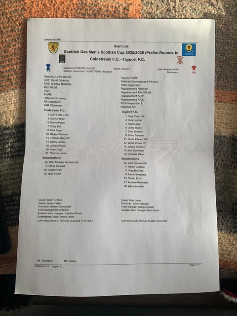 COLDSTREAM V TAYPORT ( Scottish Cup team sheet) 2025 £1.17 - PicClick UK