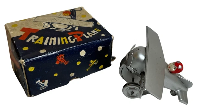 VINTAGE TIN TRAINING Plane Toy Original Box Wind Up Clockwork Silver ...