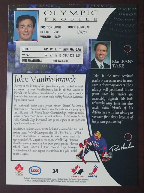 JOHN VANBIESBROUCK 1997-98 Esso Nagano Olympic Hockey Heroes - Team USA ...