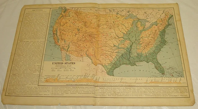 1899 MAURY COLOR MAP/UNITED STATES PHYSICAL MAP (Mountains, etc.) EUR ...