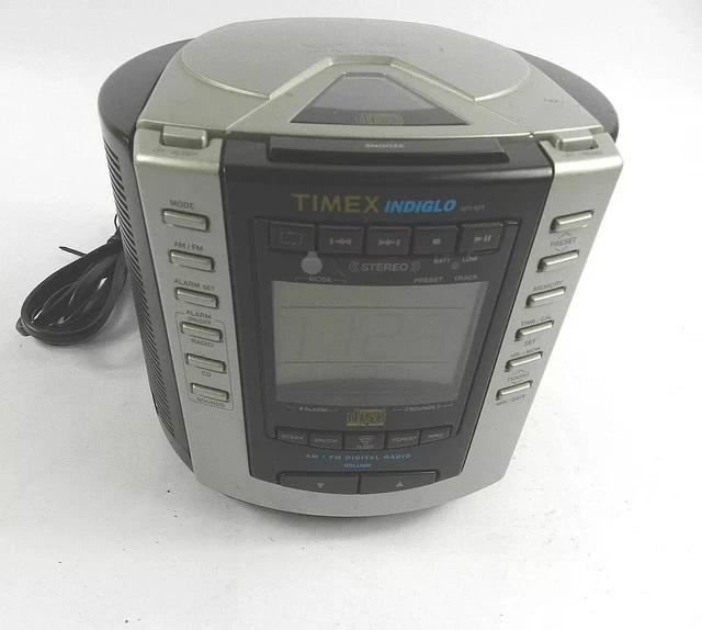 TIMEX INDIGLO AM/FM Stereo Clock Radio/CD Player T600B Black Silver ...