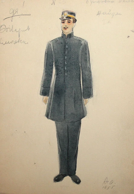 TABLEAU AQUARELLE D'OFFICIER de conception de costumes de théâtre 1955 ...