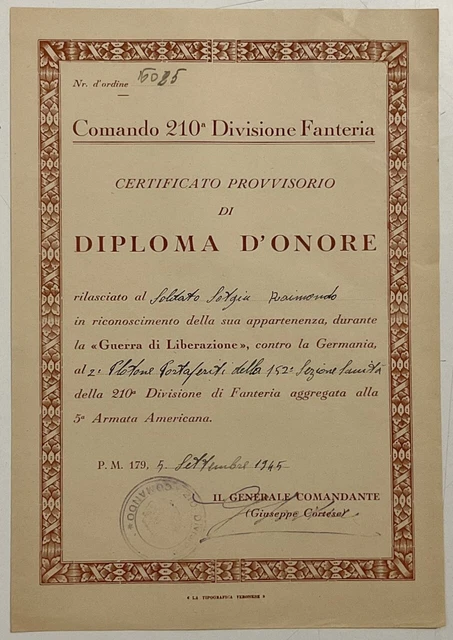 REGNO DEL SUD R.E. DIPLOMA D’ONORE 210a DIV. FANTERIA GUERRA DI ...