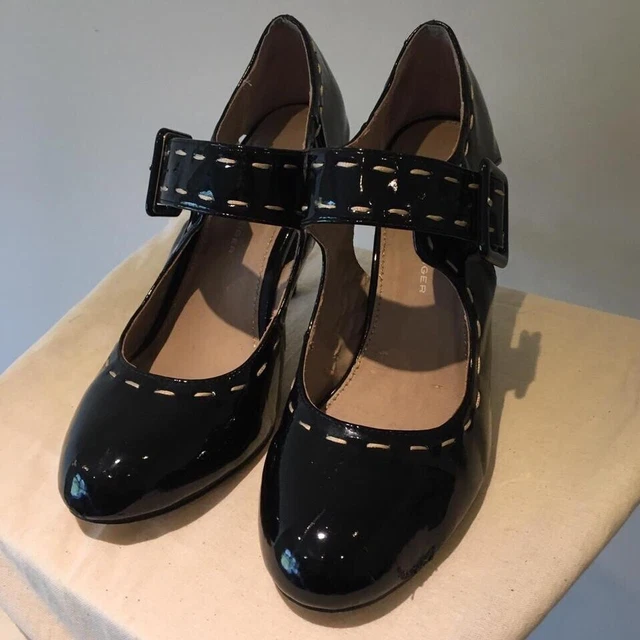 KURT GEIGER KITTEN Heals Shiny Gloss Black Cream Embroidery Detailing ...