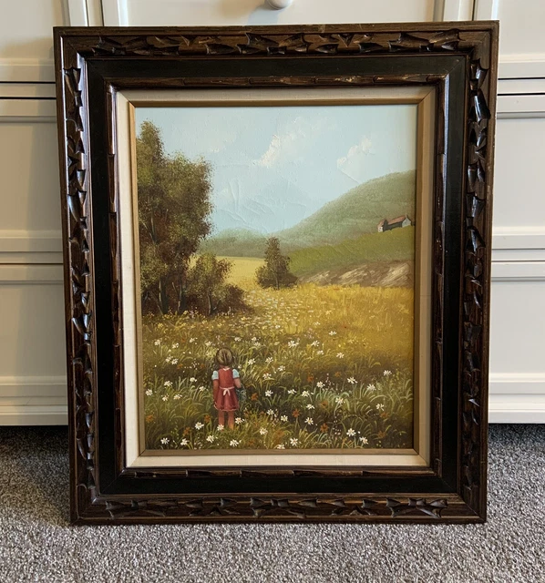 VINTAGE OIL PAINTING On Canvas Little Girl In A Field Of Flowers Signed ...