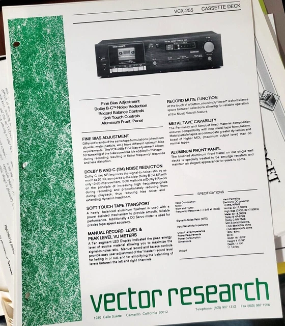 VECTOR RESEARCH VCX-255 Cassette Deck Spec Sheet $8.09 - PicClick