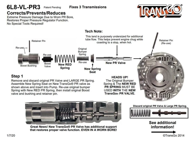 TRANSGO PRESSURE REGULATOR Valve Repair Kit 6L8-VL-PR3 For 2006-Up 6L90 ...