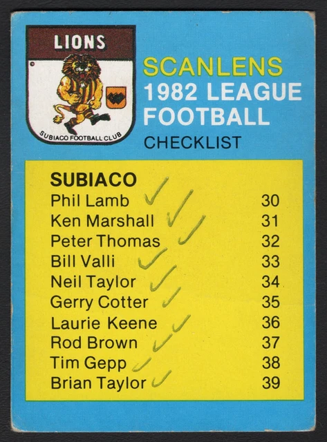 1982 AFL RARE Wafl Scanlens Football Card - Checklist (Subiaco Lions ...