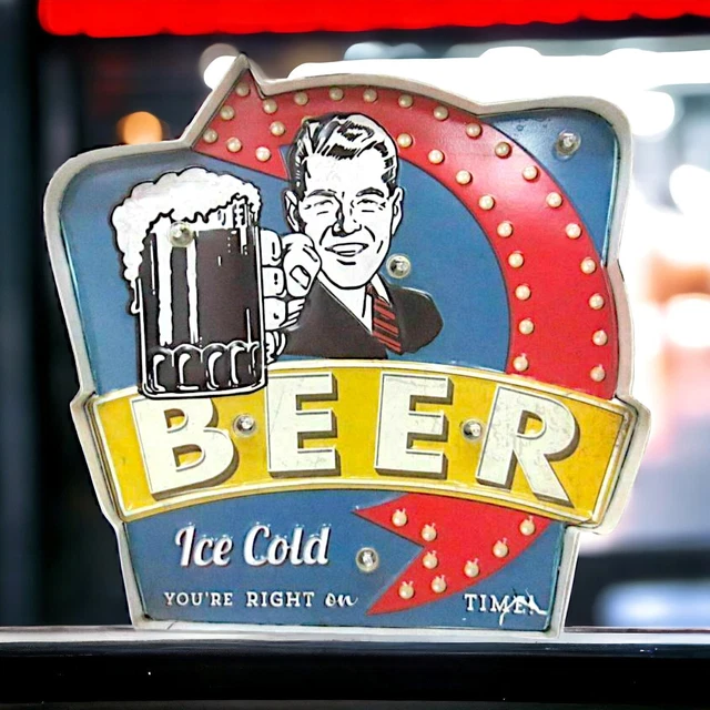 ICE COLD BEER LED Light-Up Metal Wall Sign Vintage Pub Decoration Man ...