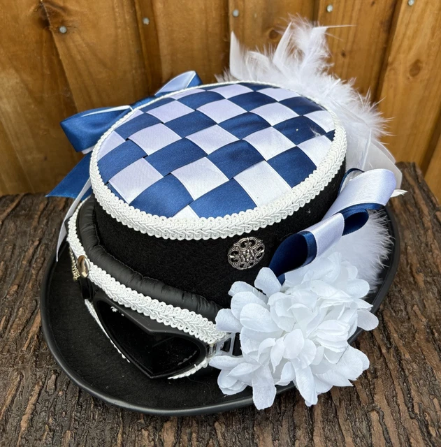 BLACK WHITE BLUE Steampunk Top Hat Feathers Checkered Top Goggles Keys ...