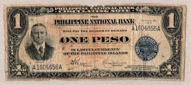 1918 PHILIPPINE NATIONAL Bank 1 Peso Banknote -Charles Conant Rare ...