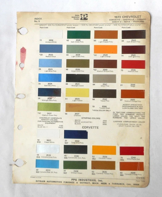 1973 CHEVROLET PPG Color Paint Chip Chart All Models Chevelle Camaro ...