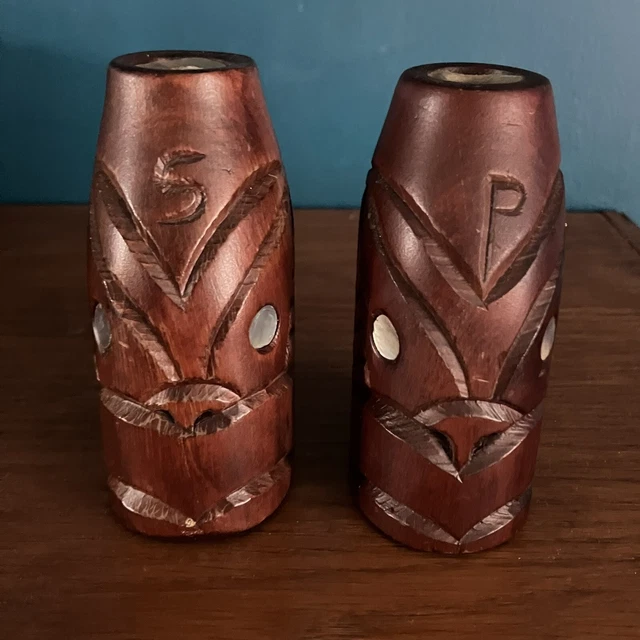 MAORI TIKI WOOD Paua Shell Salt & Pepper 1960s Vintage Four Sided Man ...