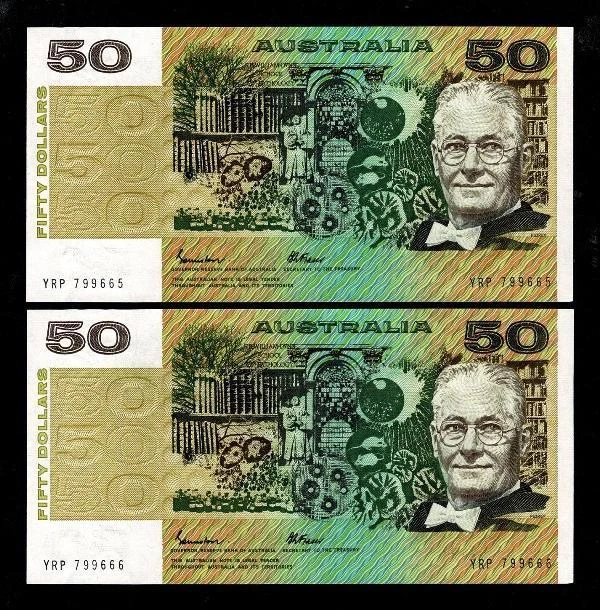 1985 R509A $50 PAPER NOTES..CONSEC PAIR..JOHNSTON/FRASER..GOTHIC ...