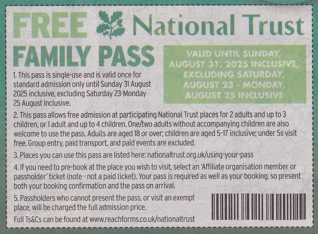 NATIONAL TRUST FAMILY Day Pass - Valid Until 31/08/2025 - Fast Delivery ...