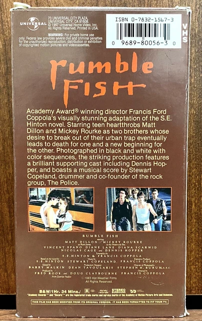 RUMBLE FISH (1983 VHS) Matt Dillon Mickey Rourke Nicolas Cage Diane ...