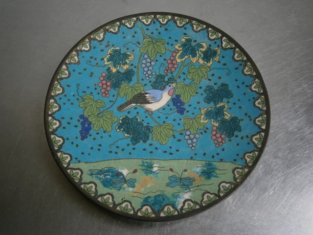 PLATE ENAMEL PARTITIONED Bronze Art Asia End 19th S Pattern Bird Grape ...