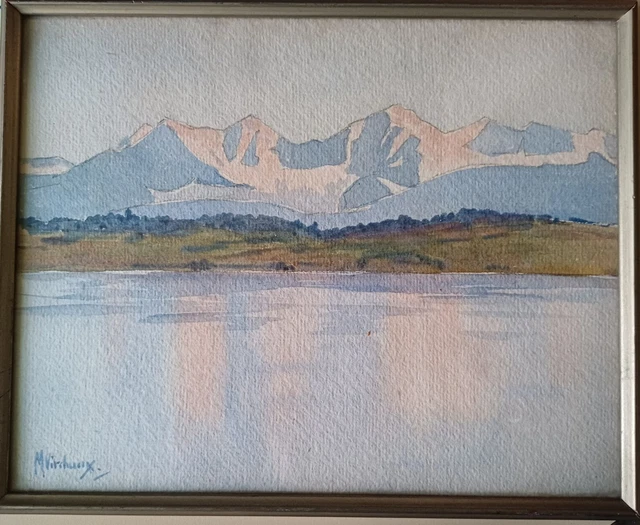 ANCIENNE AQUARELLE, PAYSAGE au lac de Neuchatel, vue Alpes, signé Virchaux. EUR 35,00 - PicClick FR