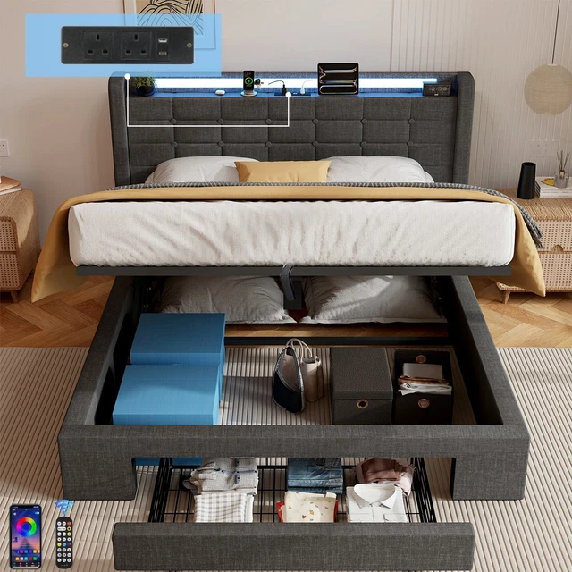 NEW OTTOMAN PANEL Upholstered Bed Frame With Led Light & Socket For 3/4 ...