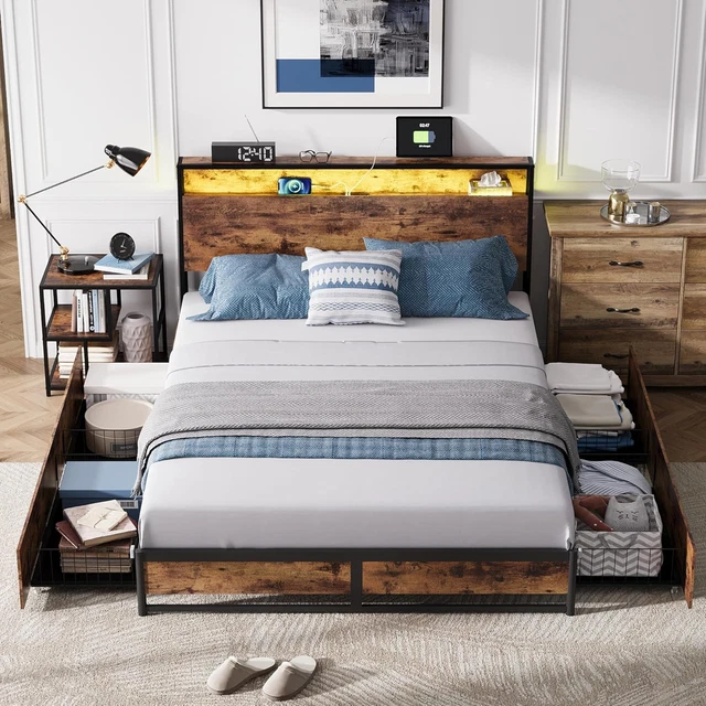 DOUBLE BED FRAME with LED Lights, 4 Drawers, Charging Station Metal ...