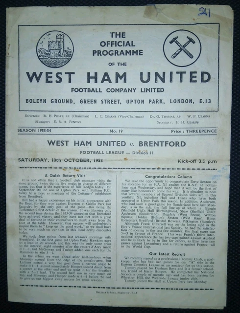 WEST HAM UNITED Home Programme v Brentford 10/10/1953. £3.83 - PicClick UK