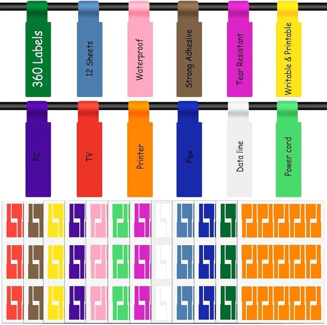 360 CABLE CORD Labels, Self Adhesive Cable Tags Sticker Colorful Wire ...