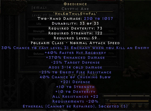 OBEDIENCE ETHEREAL CRYPTIC Axe Highest DPS! Diablo 2 Resurrected D2R ...