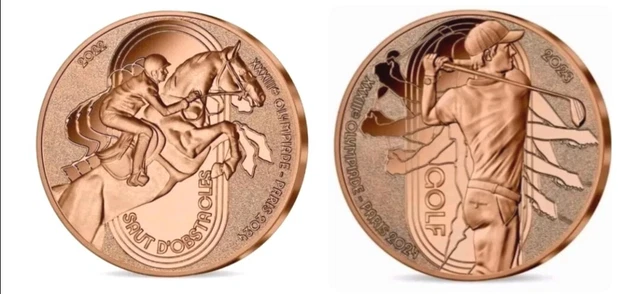 PARIS 2024 JO Olympic Games Coins 2 x 1/4 € France Horse Golf Eiffel ...