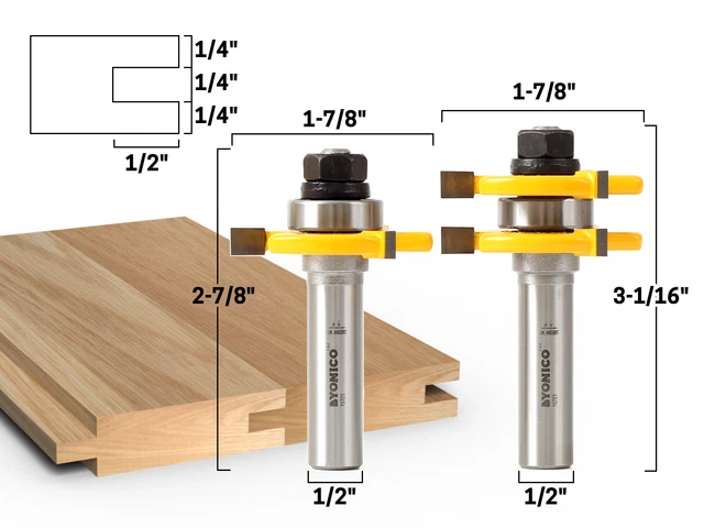 TONGUE AND GROOVE Router Bit Set Up to 3/4 Inch Stock 1/2" Shank Yonico ...