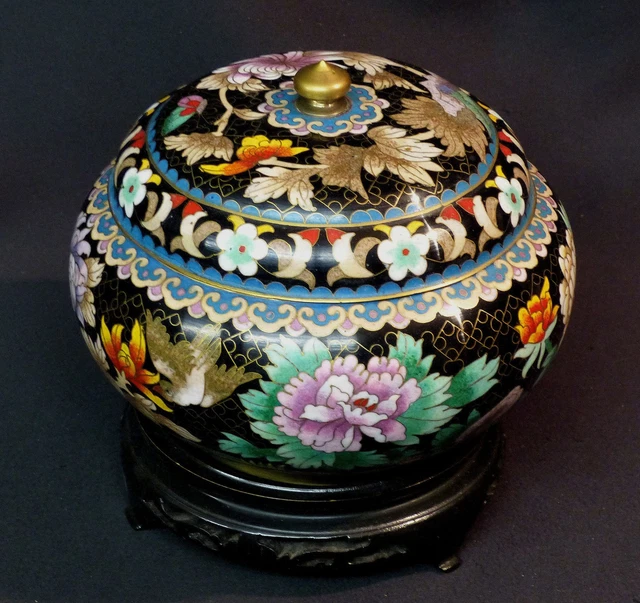 A 19ÈME ART Chine vase pot couvert 18cm cloisonné émail émaux socle ...