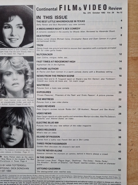CONTINENTAL FILM REVIEW Magazine Oct 1982 Dolly Parton Joan Collins Pia ...